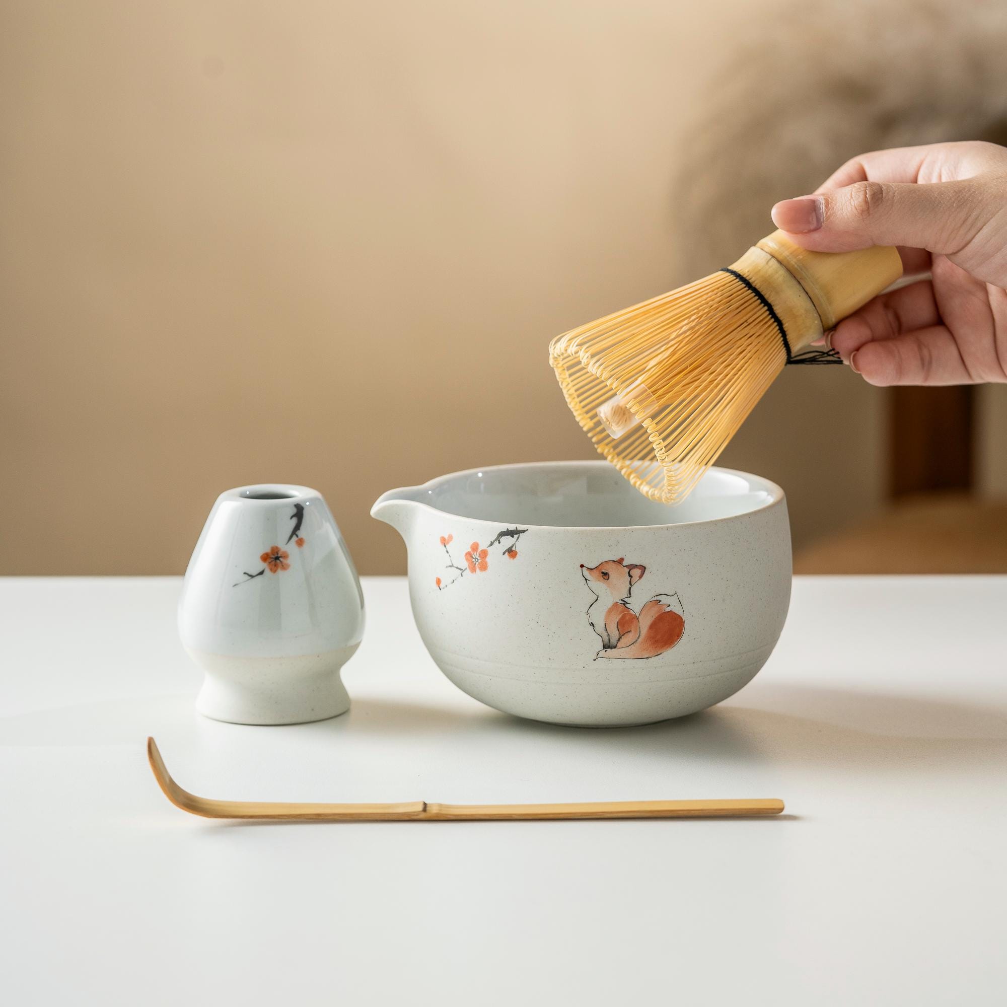 Hand-painted Fox Ceramic Matcha Bowl Set Porcelain Matcha Tea Making ...