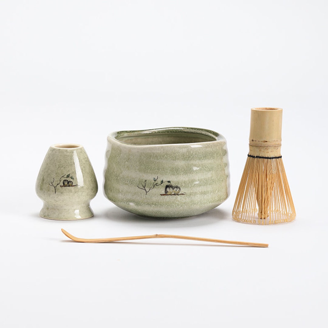 Cute Owl Ceramic Chawan With Bamboo Whisk and Chasen Holder Matcha Tea ...