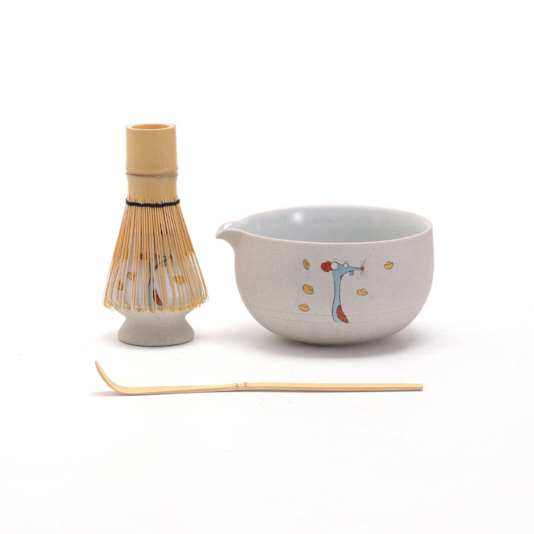 Hand-painted Coin Mouse Ceramic Matcha Bowl With Spout Bamboo Whisk and ...
