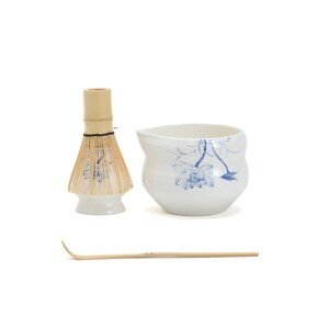 Hand-painted Blue Lotus Ceramic Matcha Bowl With Bamboo Whisk and Whisk ...