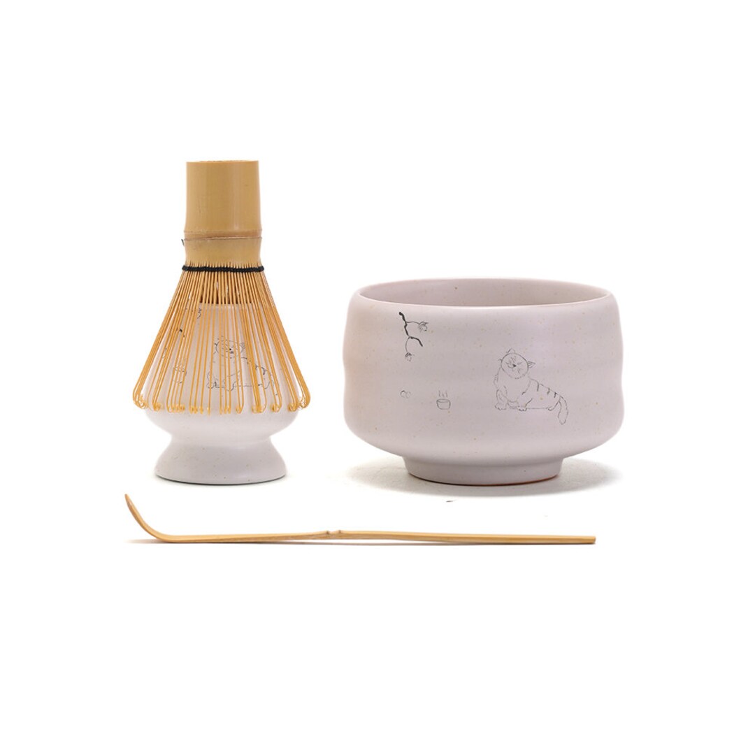 Hand-painted Cute Cat Ceramic Chawan Bowl With Bamboo Whisk and Chasen ...