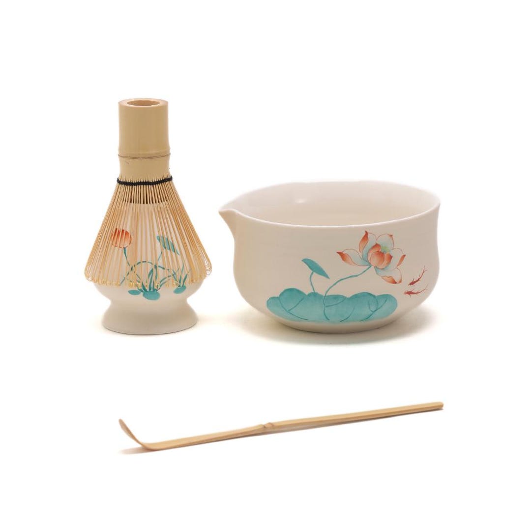 Hand-painted Fish and Lotus Ceramic Matcha Bowl With Spout Bamboo Whisk ...