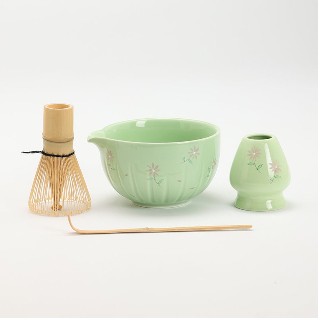 Hand-painted Flower Ceramic Matcha Bowl With Spout Matcha Kits Bamboo ...