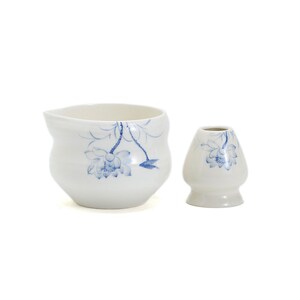 Hand-painted Blue Lotus Ceramic Matcha Bowl With Bamboo Whisk and Whisk ...