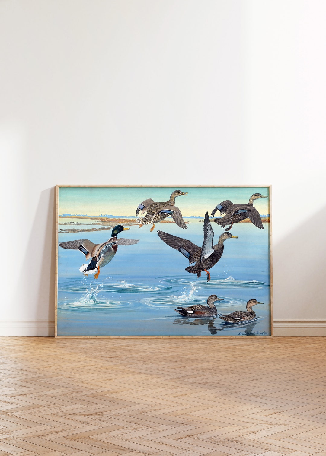 Traditional Art of Migration of Ducks Over the Blue Lake 1800s, Birds ...