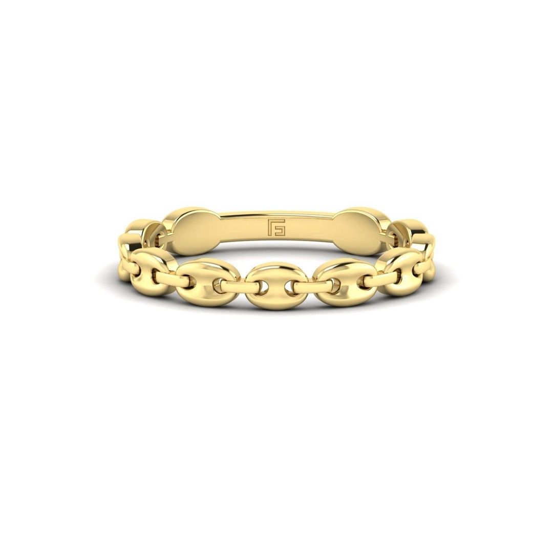 14k Solid Gold Puffed Mariner Link Chain Ring for Anniversary Gift ...