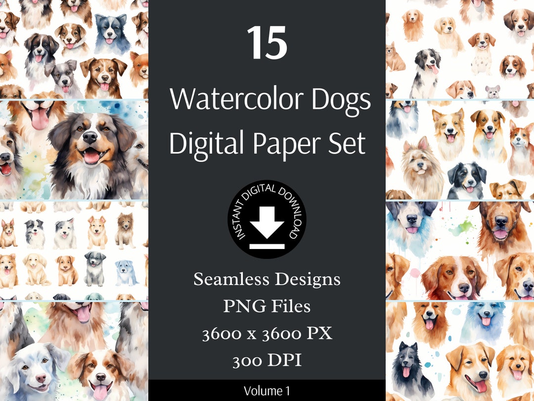 15 Watercolor Dog Digital Print Papers | Canine Art Images for Crafting ...