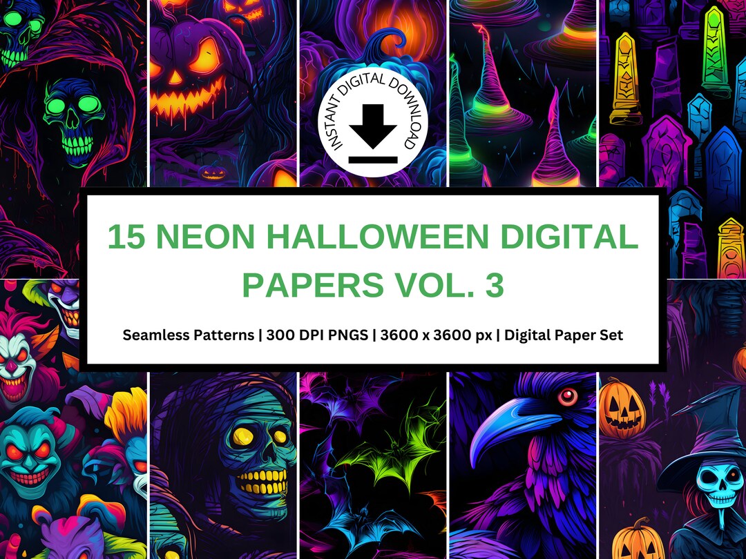 15 Neon Halloween Digital Papers Vol. 3 | Seamless Halloween Paper ...