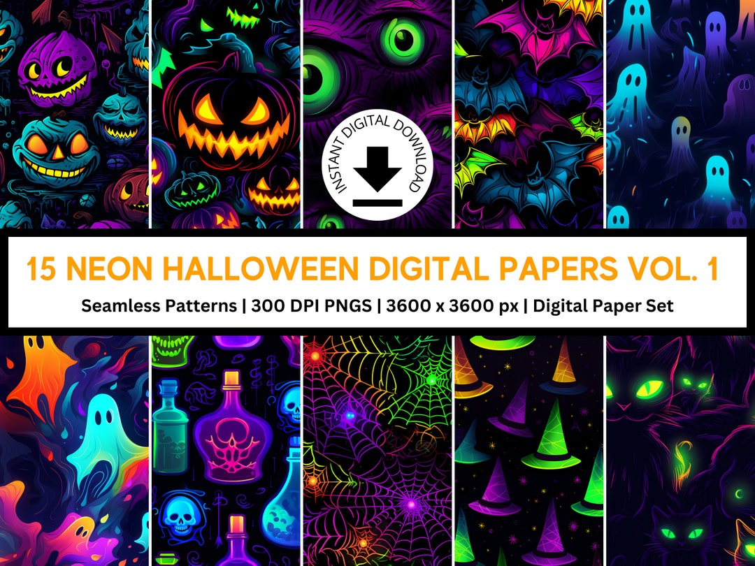 15 Neon Colored Halloween Digital Papers | Seamless Designs ...