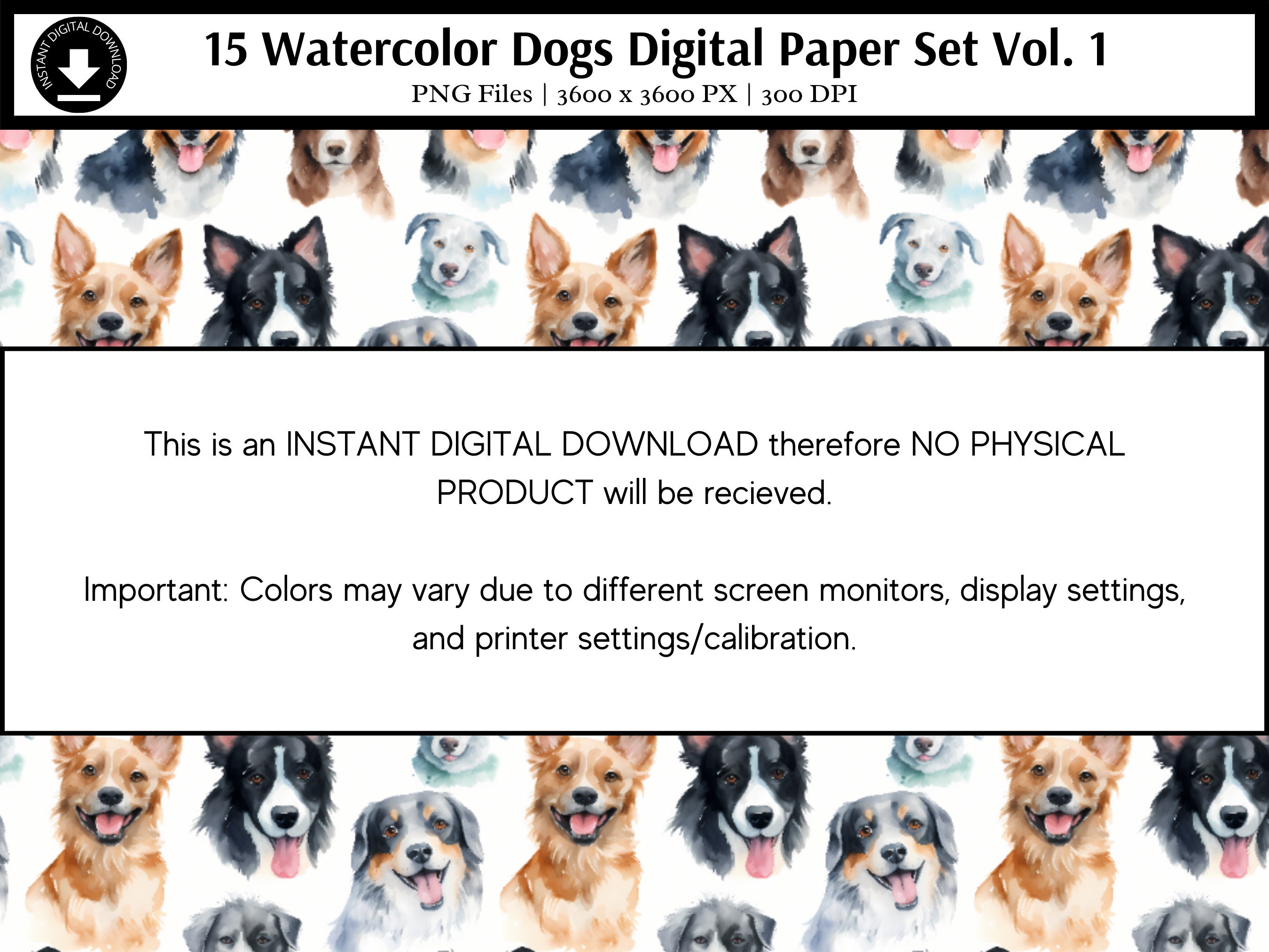 15 Watercolor Dog Digital Print Papers | Canine Art Images for Crafting ...