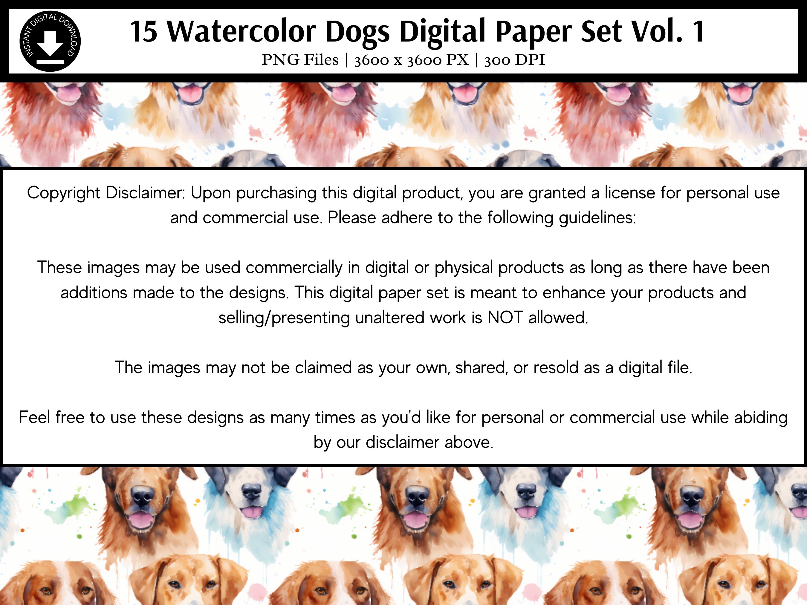 15 Watercolor Dog Digital Print Papers Canine Art Images for Crafting ...