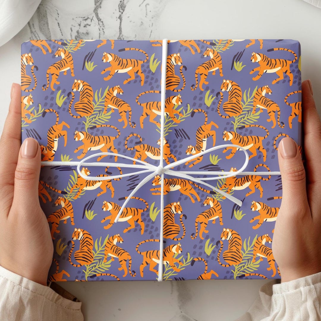 Retro Hand Drawn Tigers Wrapping Papers, Tiger and Tropical Plants Gift ...