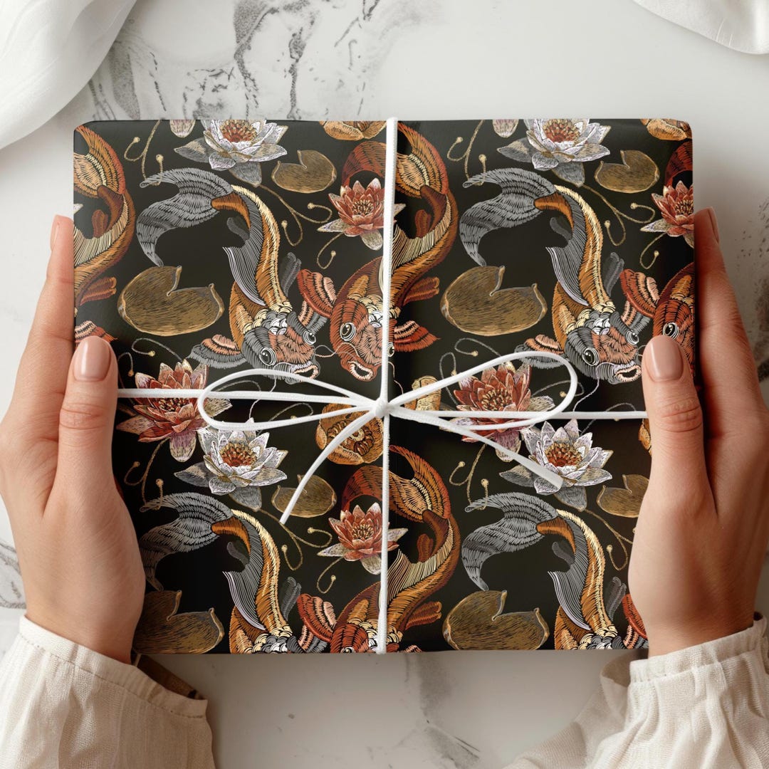 Embroidery Vintage Koi Fish and Water Lily Wrapping Papers, Koi Fish ...