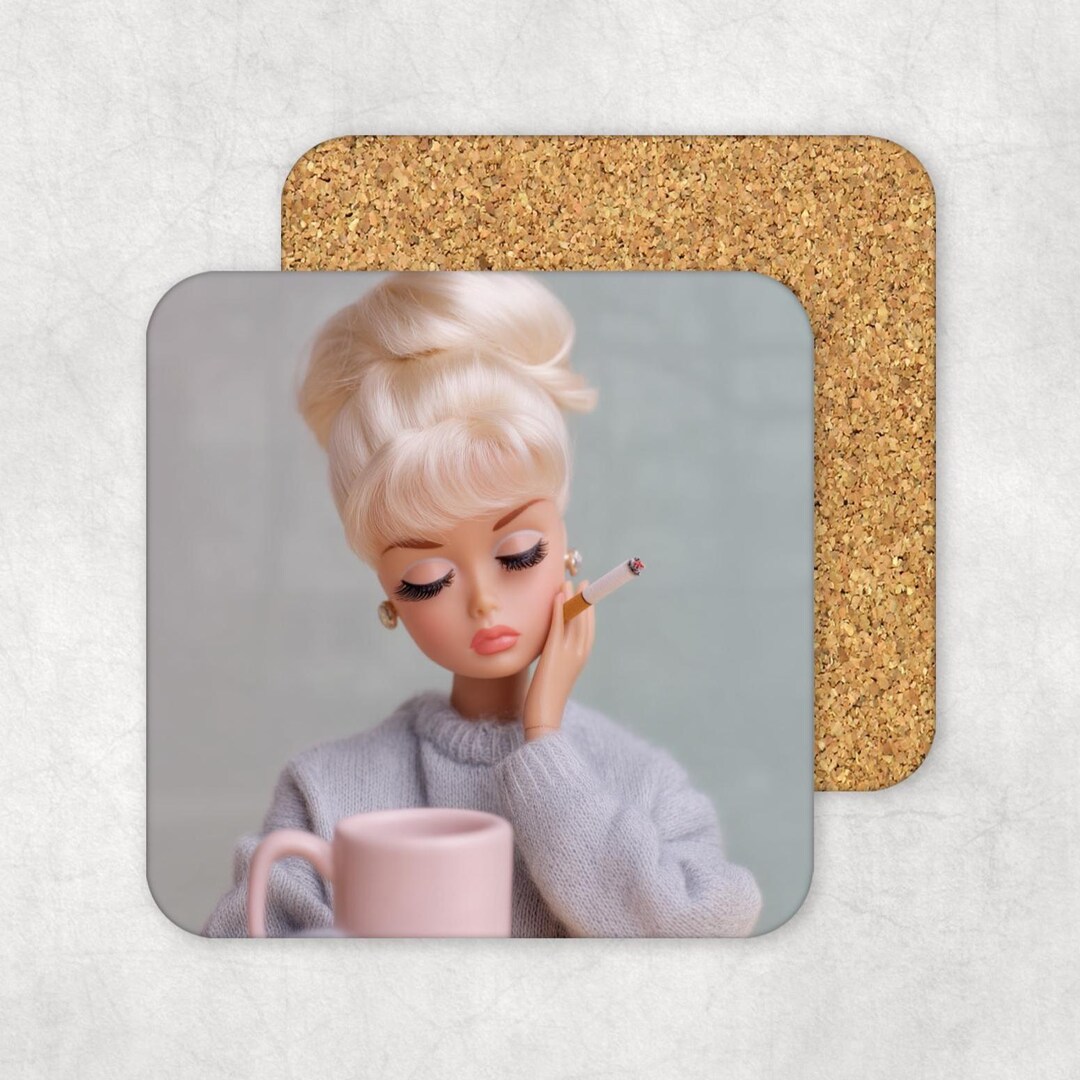 Sad Doll Face Meme Coaster, Funny Doll Smoking and Drinking Coffee Gift ...