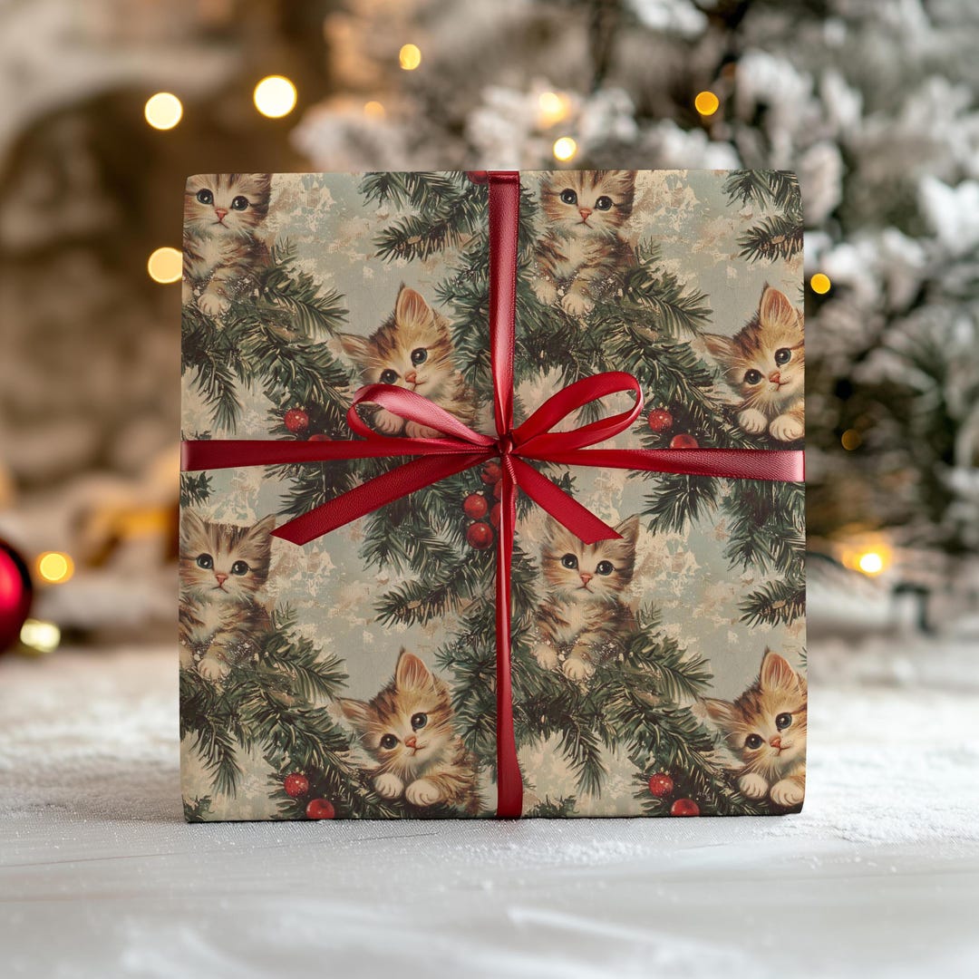 Vintage Cat Christmas Wrapping Papers, Holiday Cat Gift Wrap, Kitten ...
