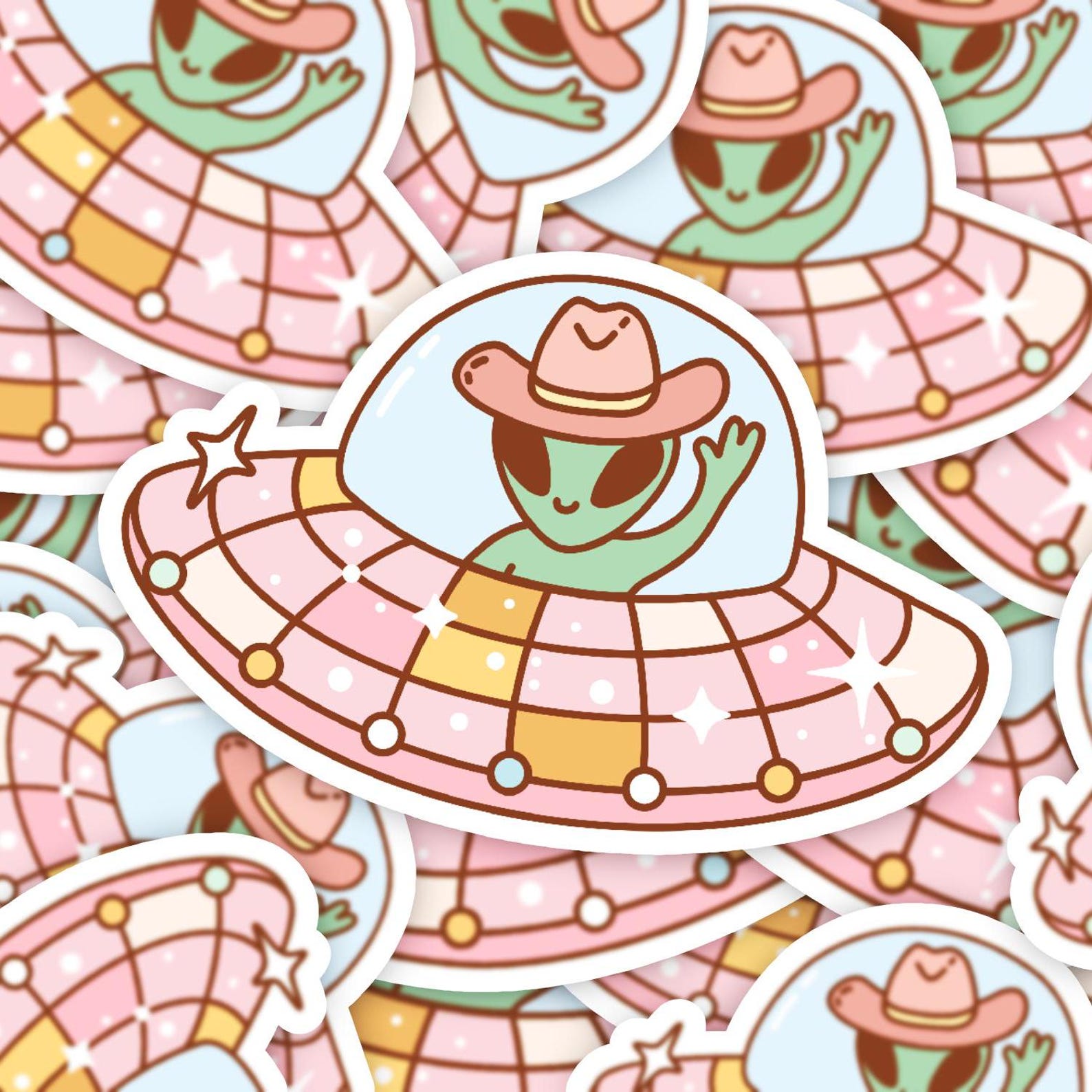 Retro Cowboy UFO Sticker, Disco Alien Sticker, Alien Cowboy Gift, Cute ...
