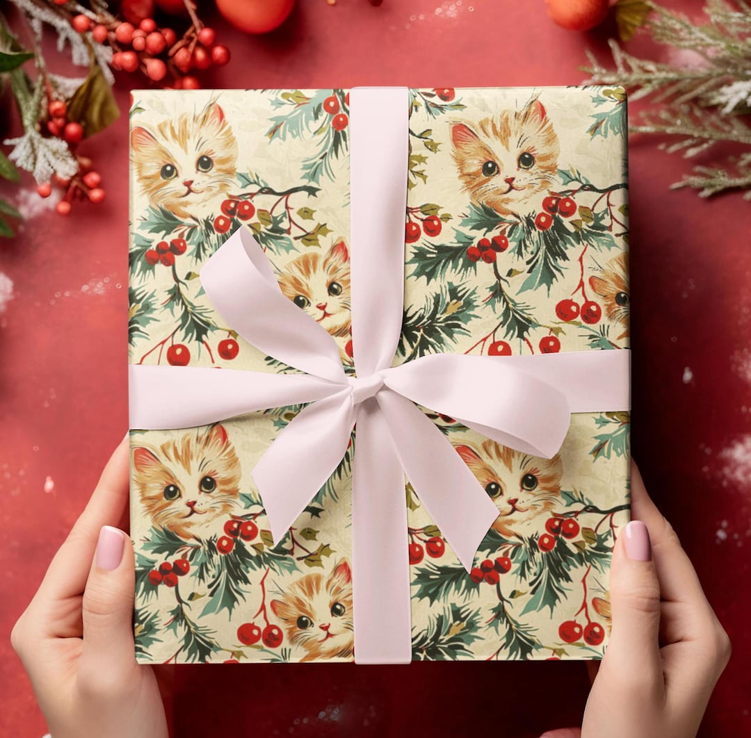 Vintage Cat Christmas Wrapping Papers, Holiday Cat Gift Wrap, Kitten ...