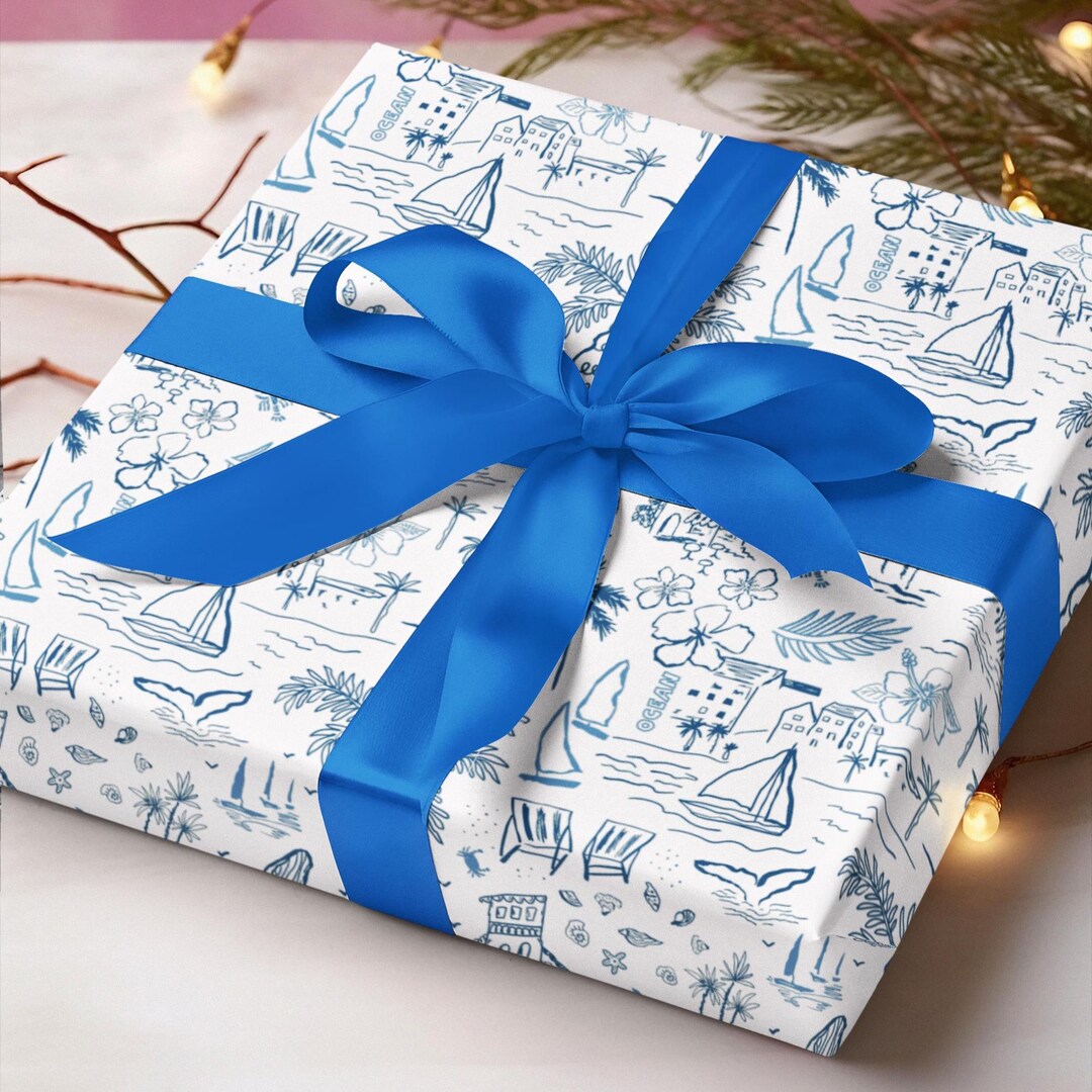 Blue Hand Drawn Seascape Wrapping Papers, Summer Vacation Gift Wrap ...