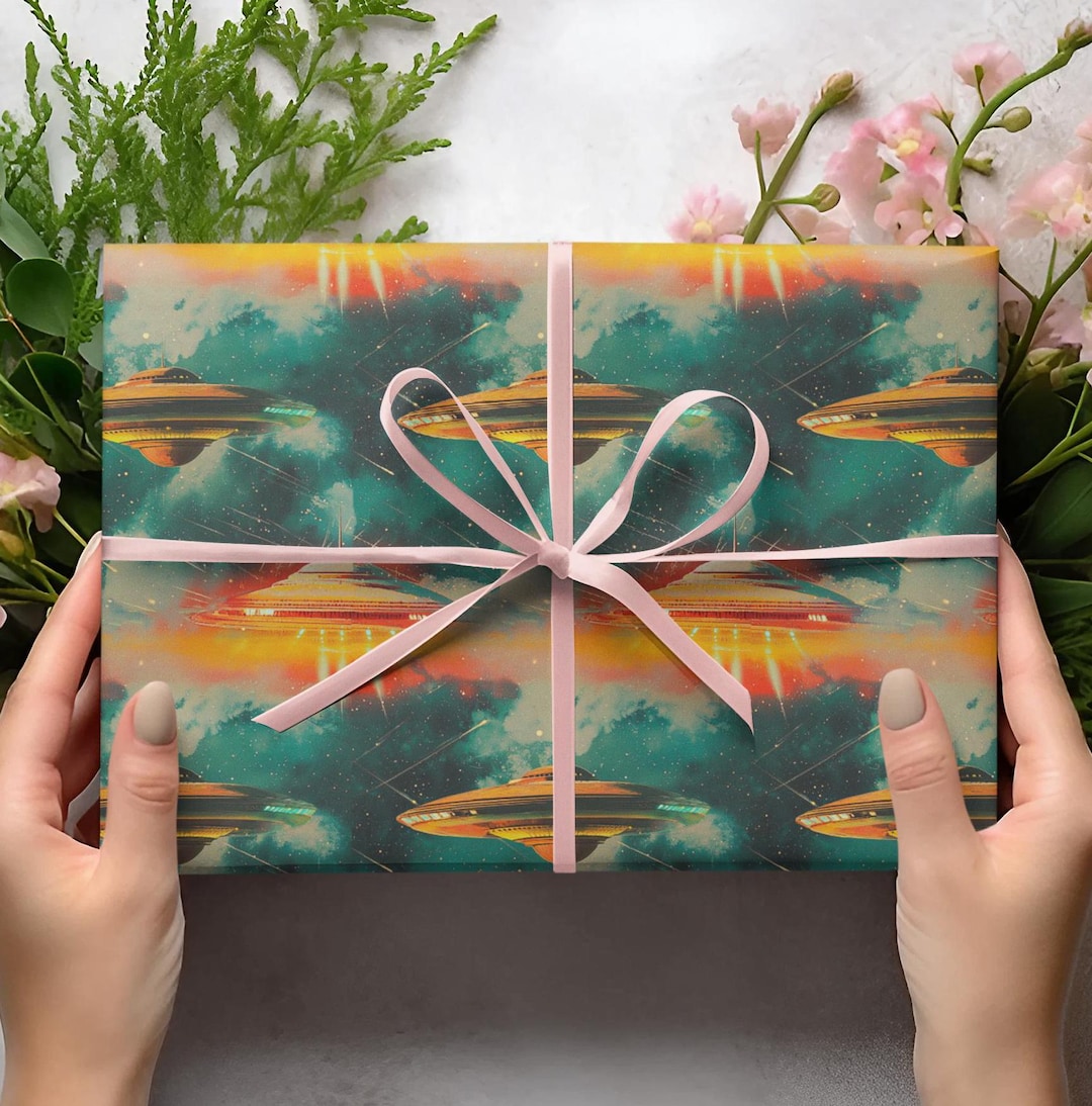 Retro UFO Wrapping Papers, Alien Gift Wrap, Futuristic Space Wrapping ...