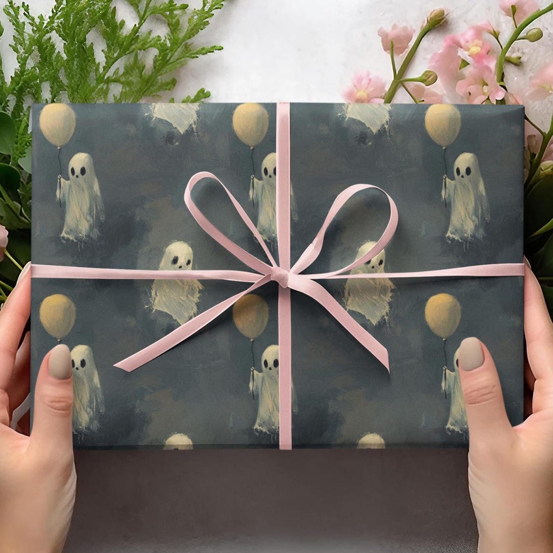 Cute Ghost Holding Balloon Wrapping Papers, Halloween Ghost Gift Wrap ...