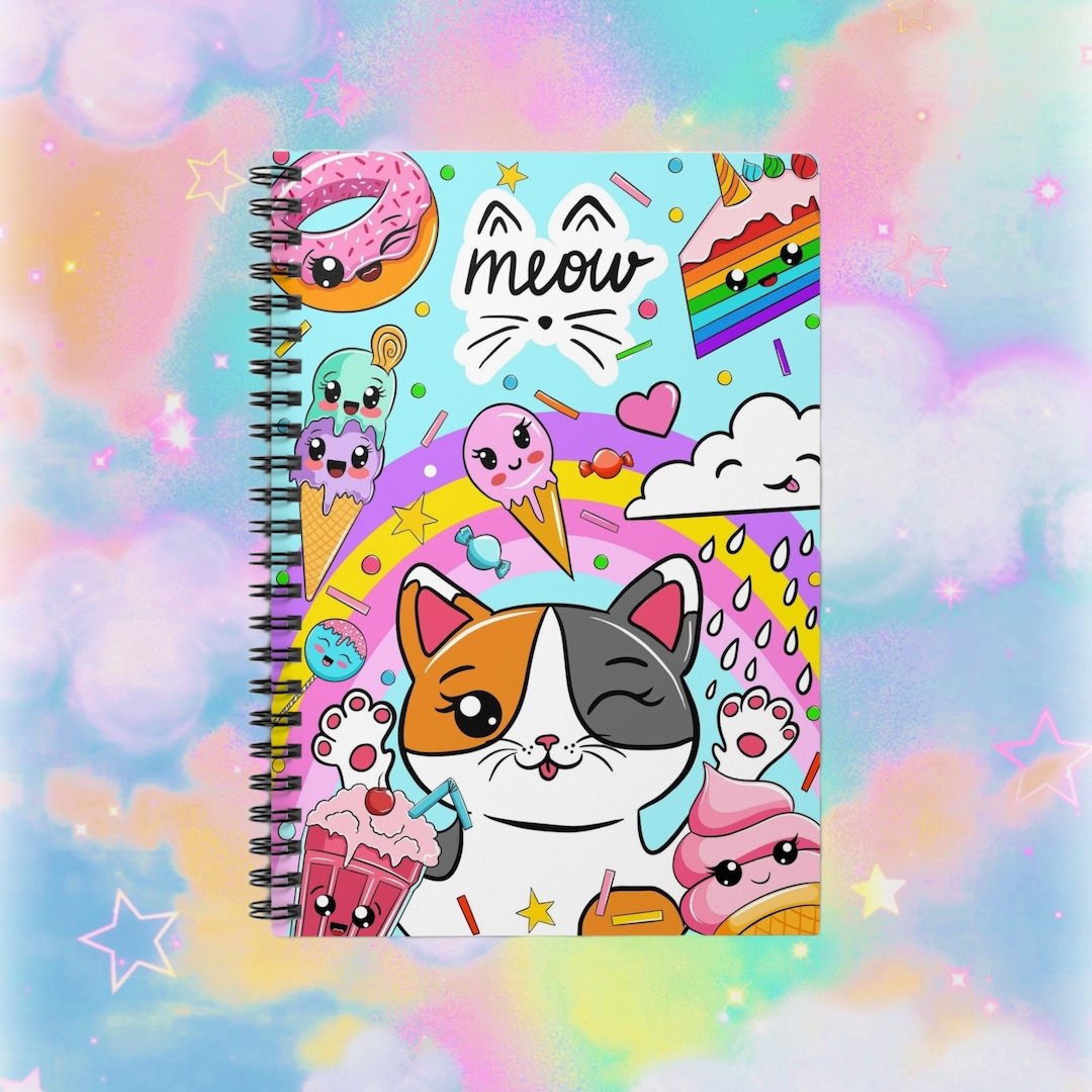 Cute Cat Notebook, Kawaii Cat and Sweets Spiral Notebook, Kawaii Lover ...