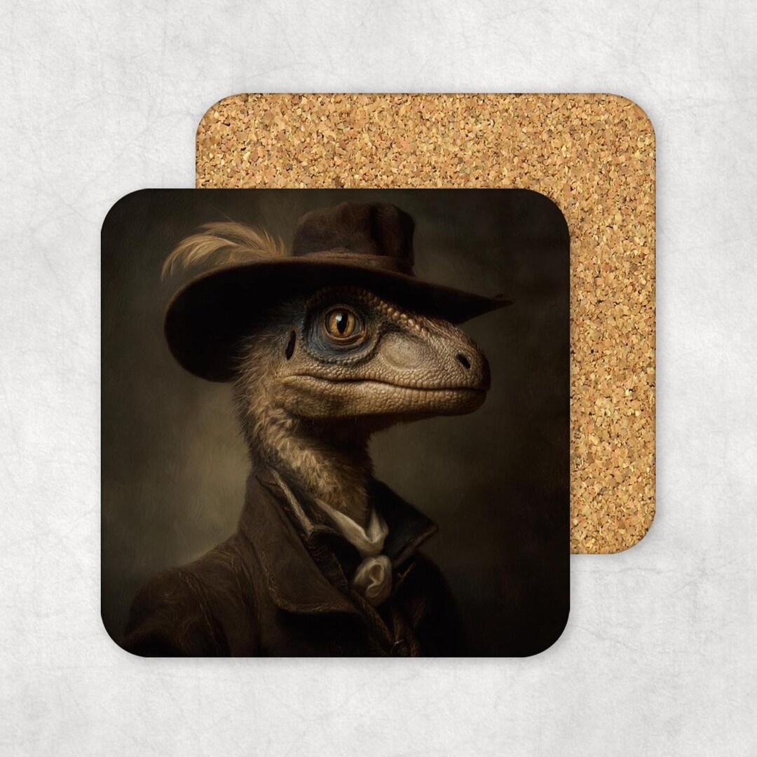 Victorian Velociraptor Portrait Coaster, Gothic Dinosaur Cork Back ...