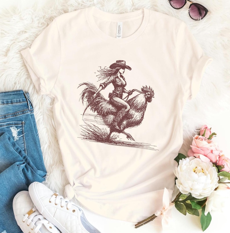 Cowgirl Riding Chicken Shirt, Vintage Western Shirt, Country Girl Tee ...