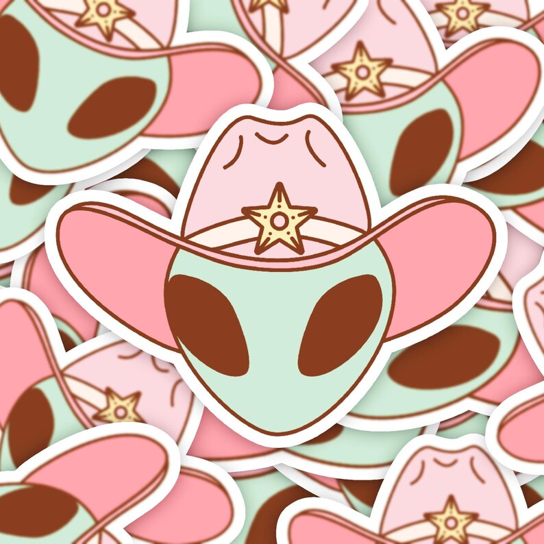 Alien With Cowboy Hat Stickers, Space Cowboy Sticker, Retro Alien ...