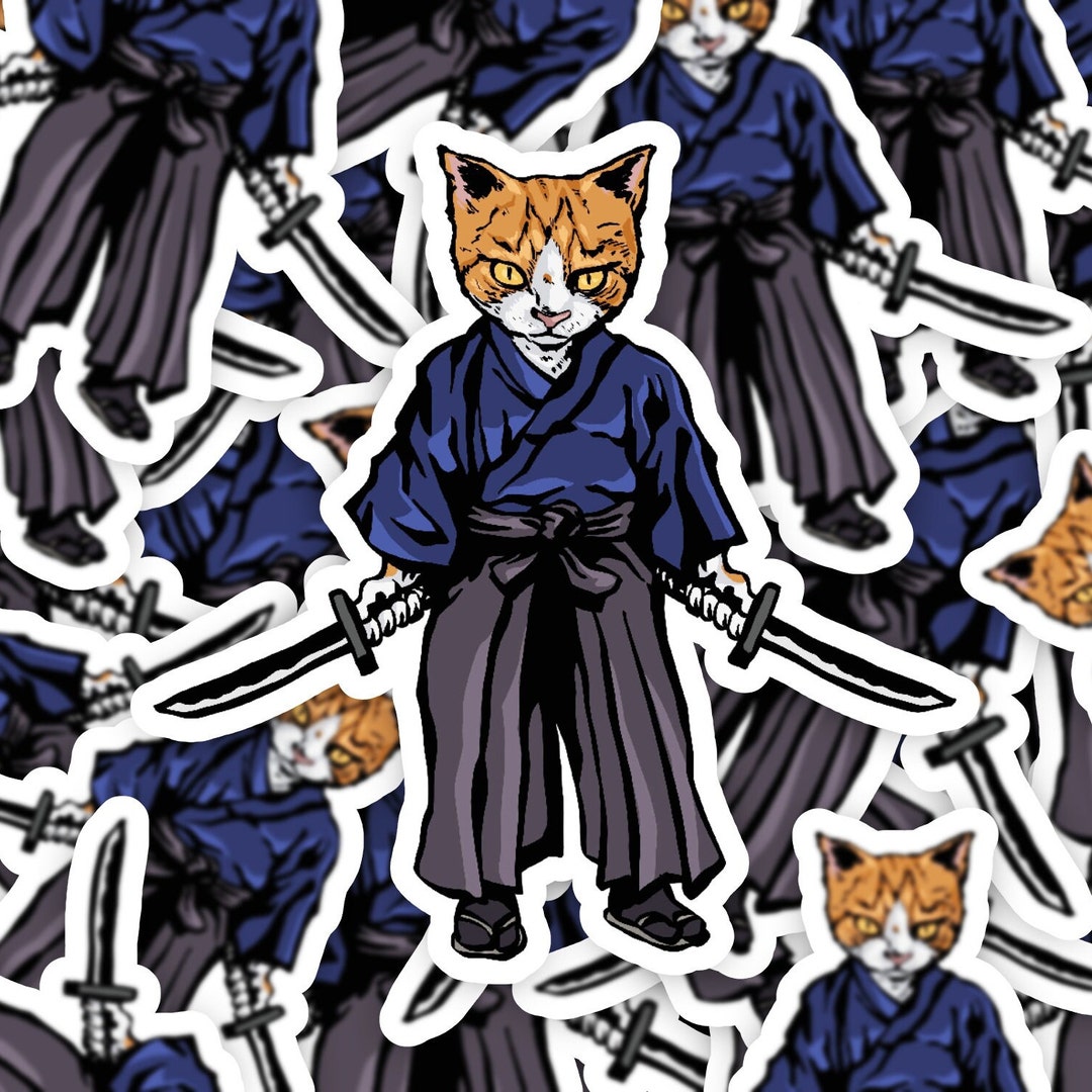 Samurai Cat Sticker, Japanese Kitten Sticker, Cat Meme Sticker, Gag ...