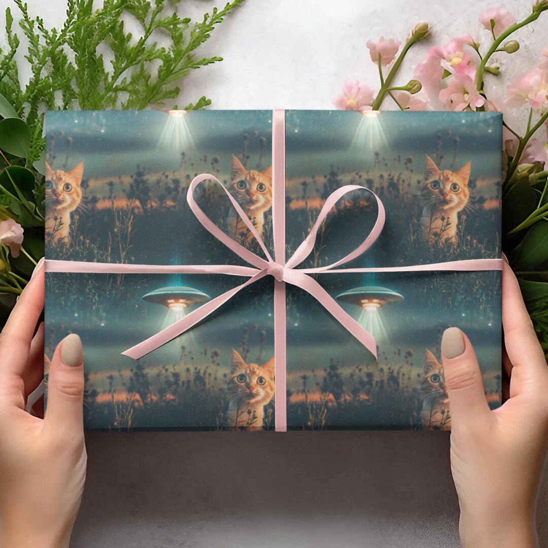 UFO and Cat Wrapping Papers, Funny UFO Gíft Wrap, Cat Meme Wrapping ...