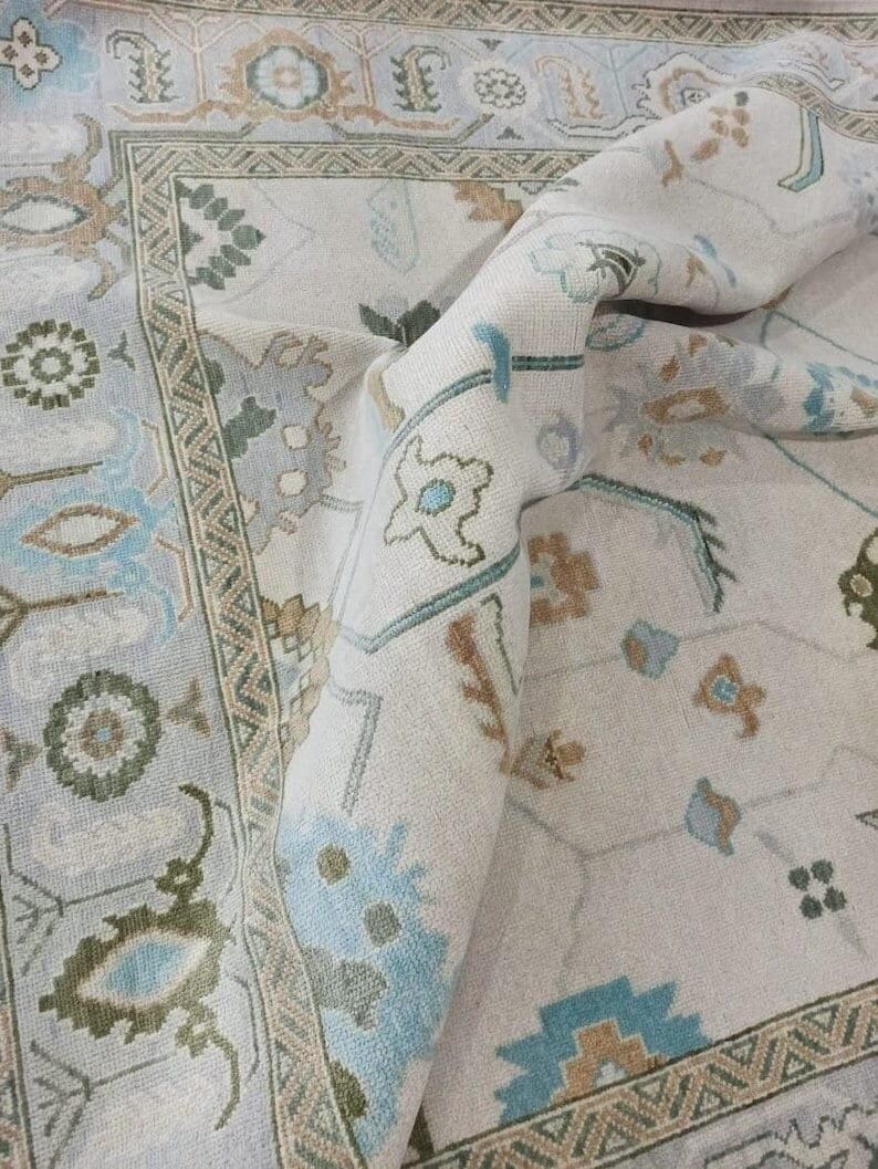 Blue Beige Hand Knotted Wool Rug I Accent Grey Cream Beige Turkish ...