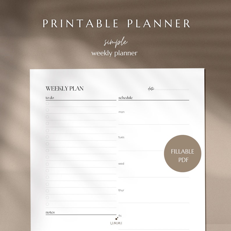 Simple Weekly Planner Printable Fillable PDF Digital Instant - Etsy