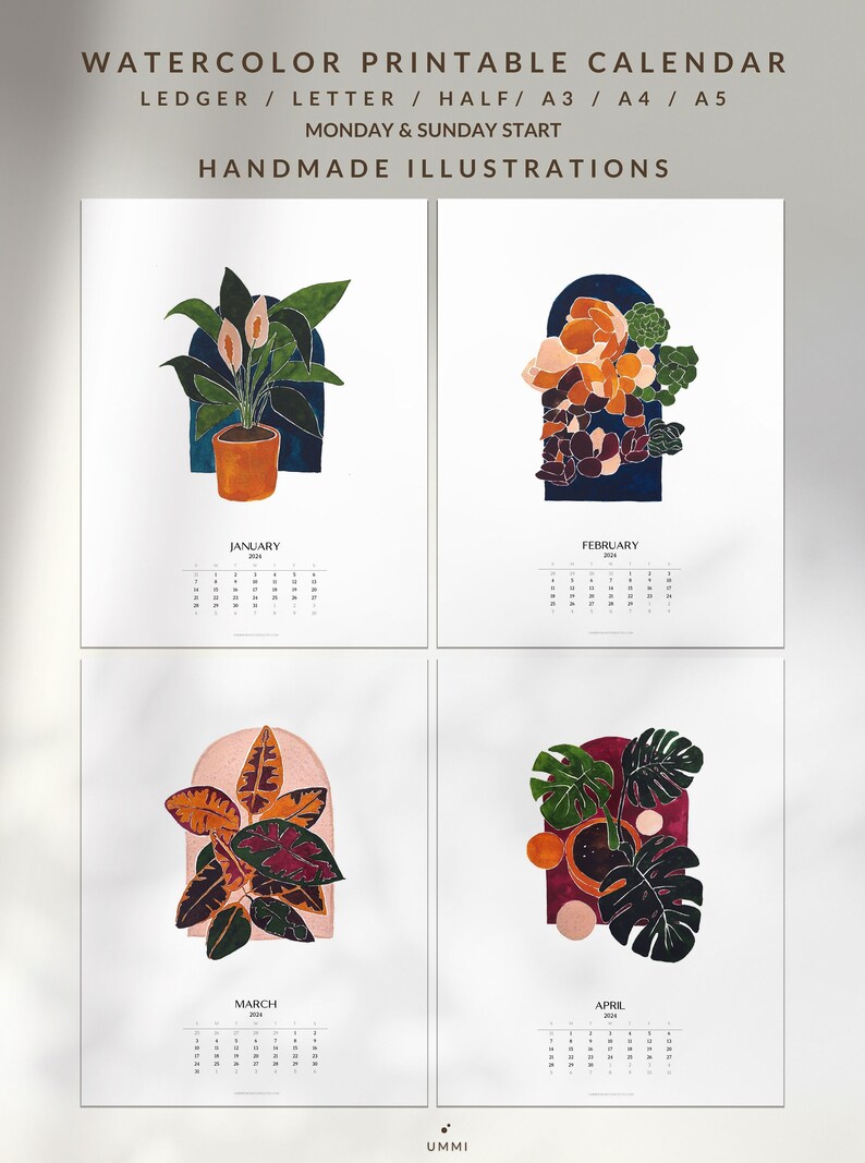 Plant Lover Gift 2024 Watercolor Printable Calendar With Monday ...