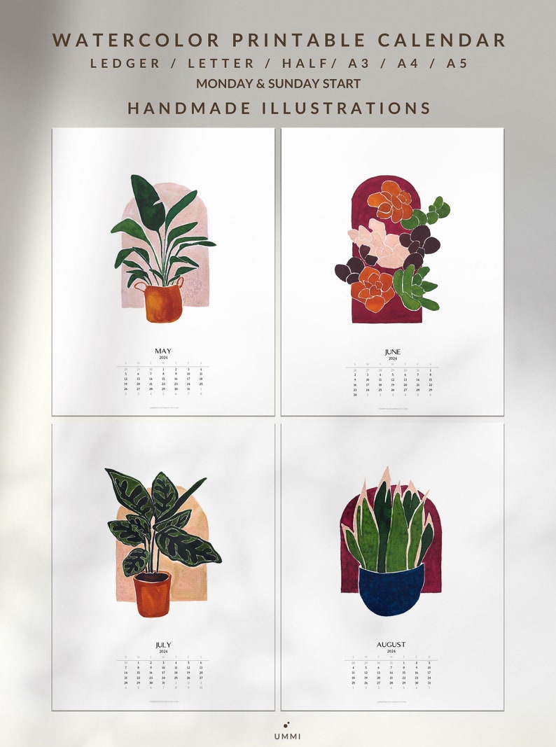 Plant Lover Gift 2024 Watercolor Printable Calendar With Monday ...