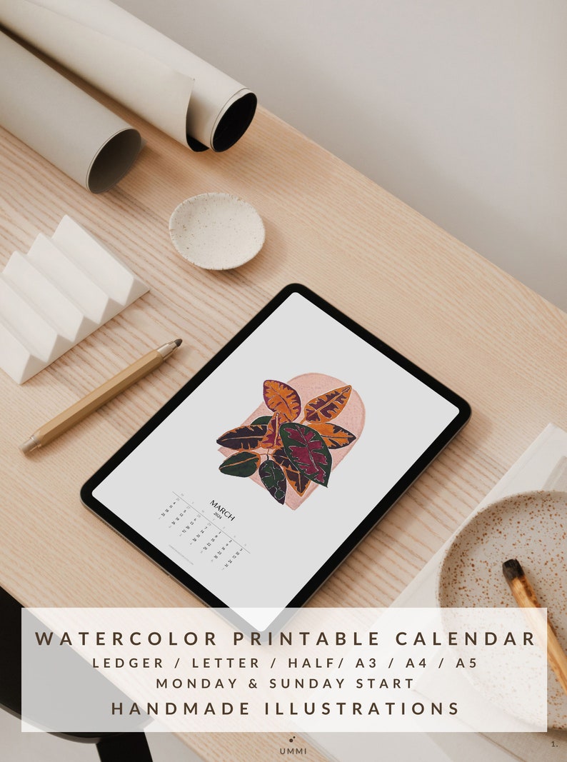 Plant Lover Gift 2024 Watercolor Printable Calendar With Monday ...