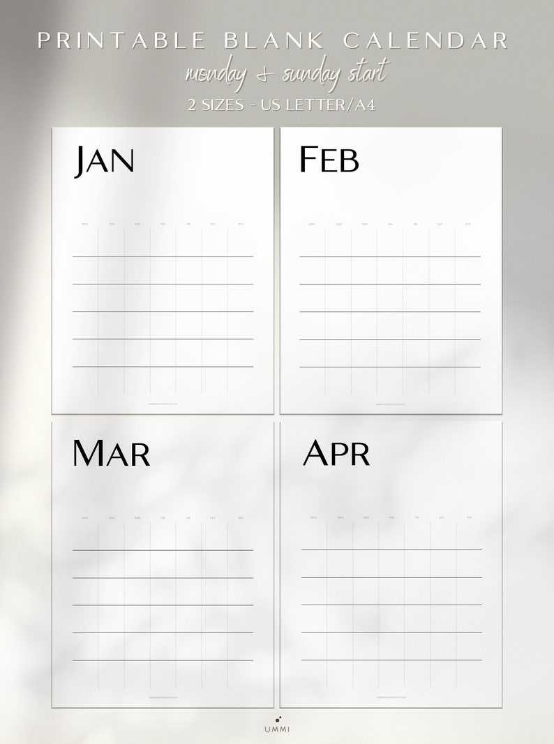 Simple Blank Printable Calendar 12 Months Fillable Interactive Editable ...