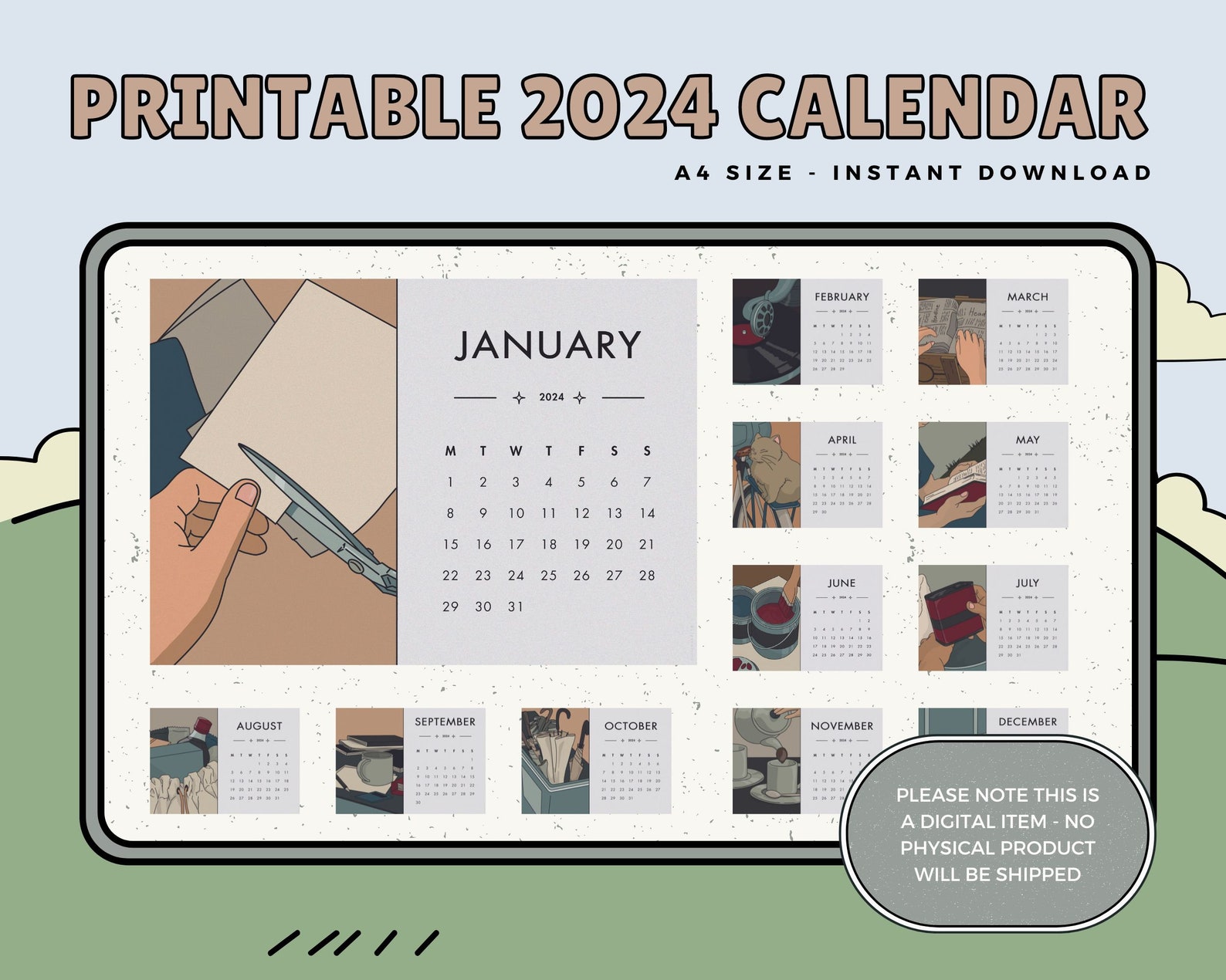 Printable 2024 Calendar PDF Minimalist A4 Size Landscape - Etsy Canada