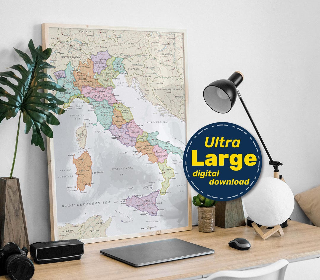 Political Map of Italy. Large Detailed Italian Map Poster With Cities ...