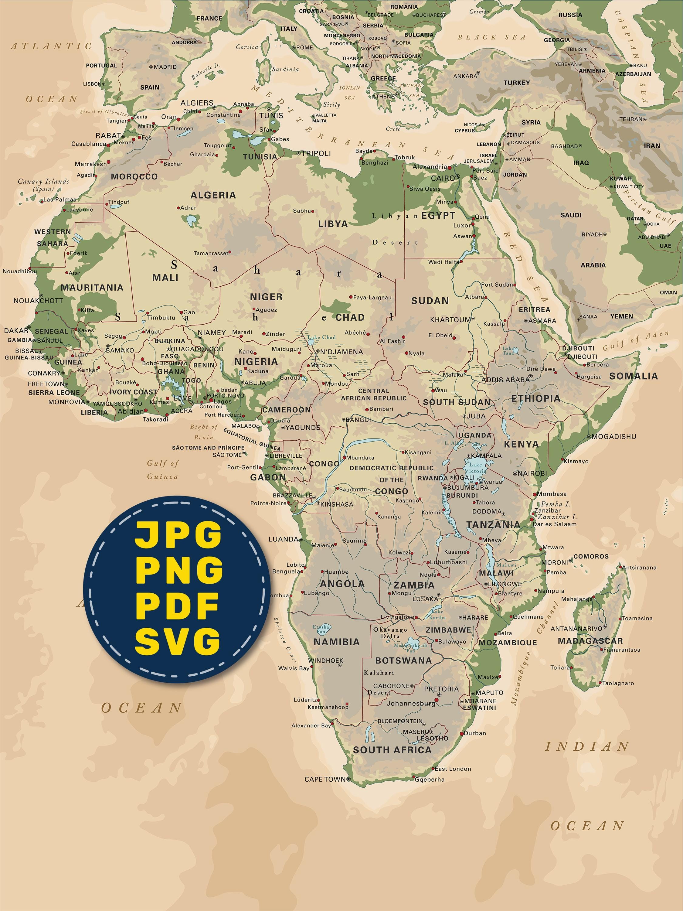 Terrain Map of Africa. Detailed Digital Africa Map. High-resolution ...