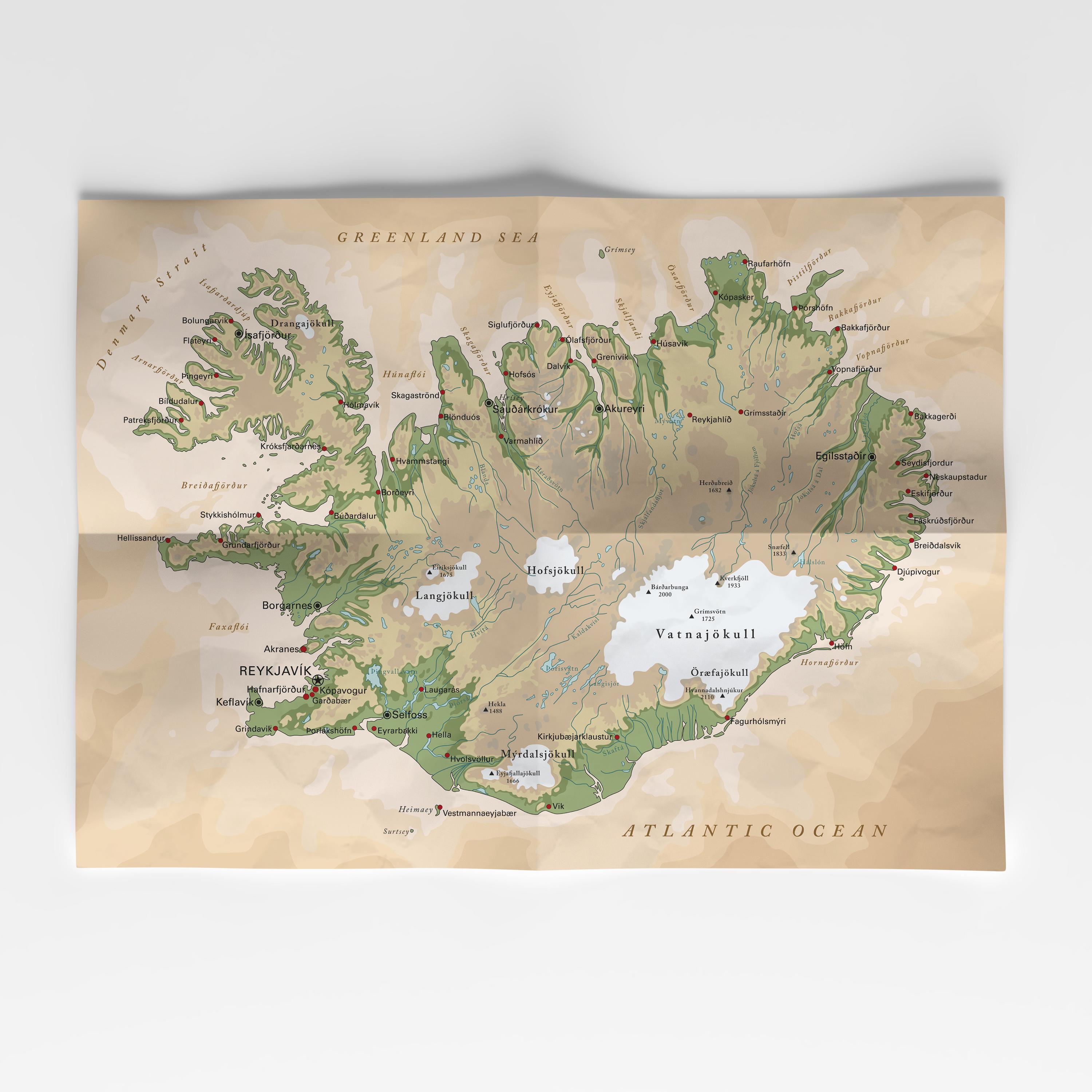 Iceland Vintage Physical Map. Iceland Terrain Vector Map. Educational ...