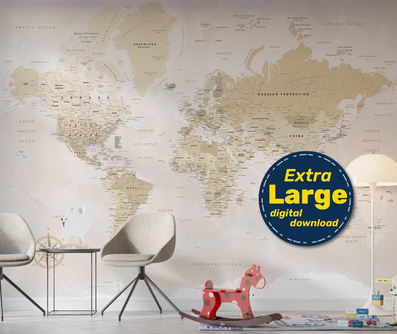 Map of the World With Countries. Printable Natural Beige Color Map of ...