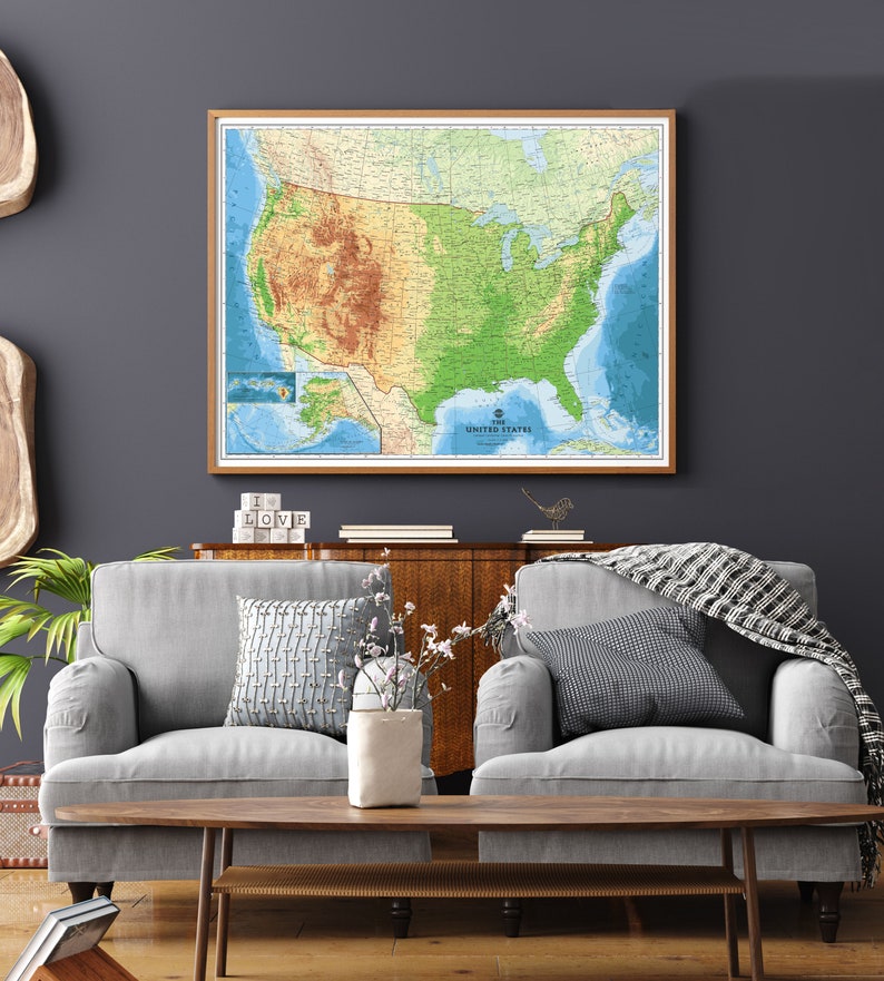 Terrain Map of the United States | USA Wall Map Poster Giclee Print ...