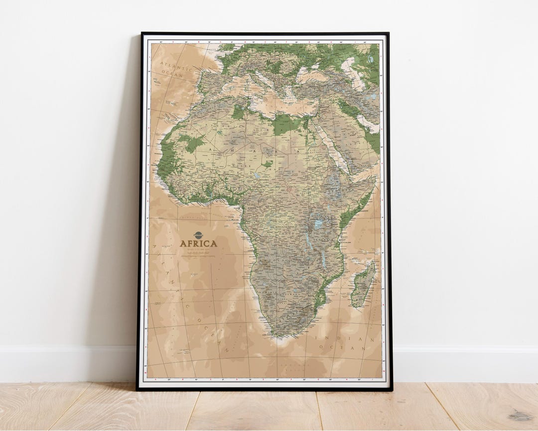 Terrain Map of Africa. Africa Wall Map Poster Giclee Print. Classic ...