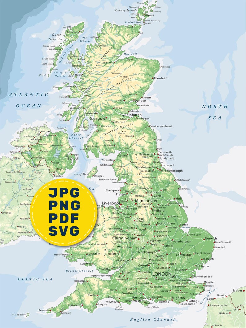 United Kingdom Detailed Physical Map. UK Terrain Vector Map ...