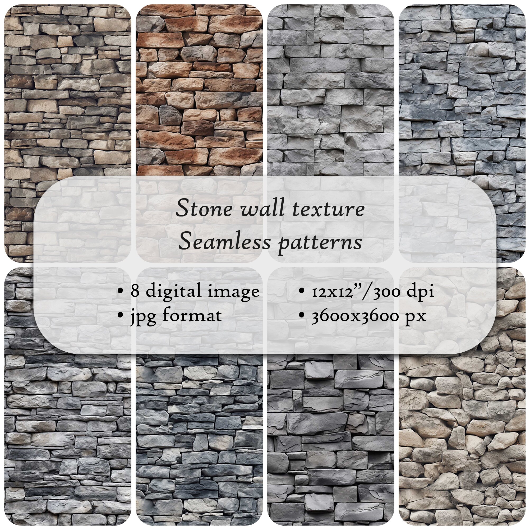 8 Stone Wall Texture Seamless Patterns. Digital Paper, Commercial Use ...