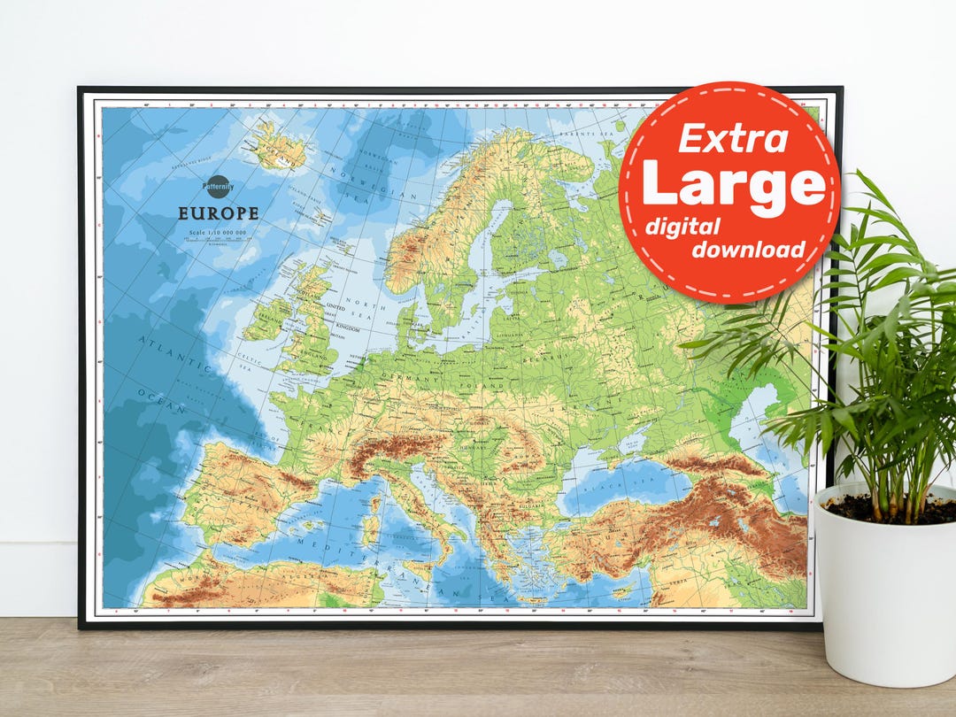 Europe Terrain Map Print. High-resolution PRINTABLE Physical Europe Map ...