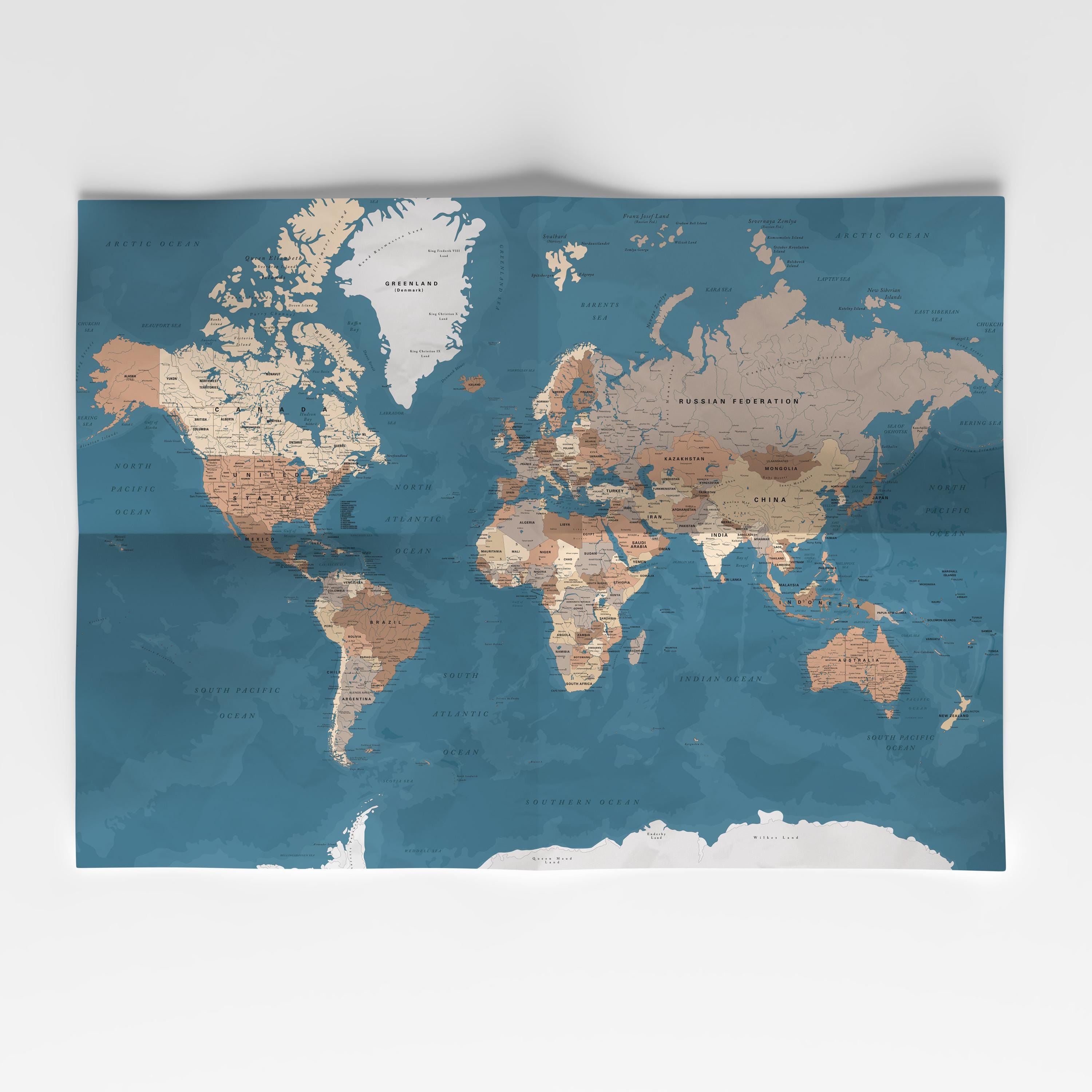 World Map Poster With Countries. Printable Blue Beige Color Map of the ...