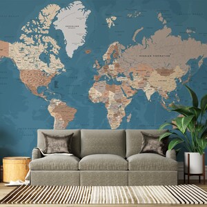 World Map Poster With Countries. Printable Blue Beige Color Map of the ...