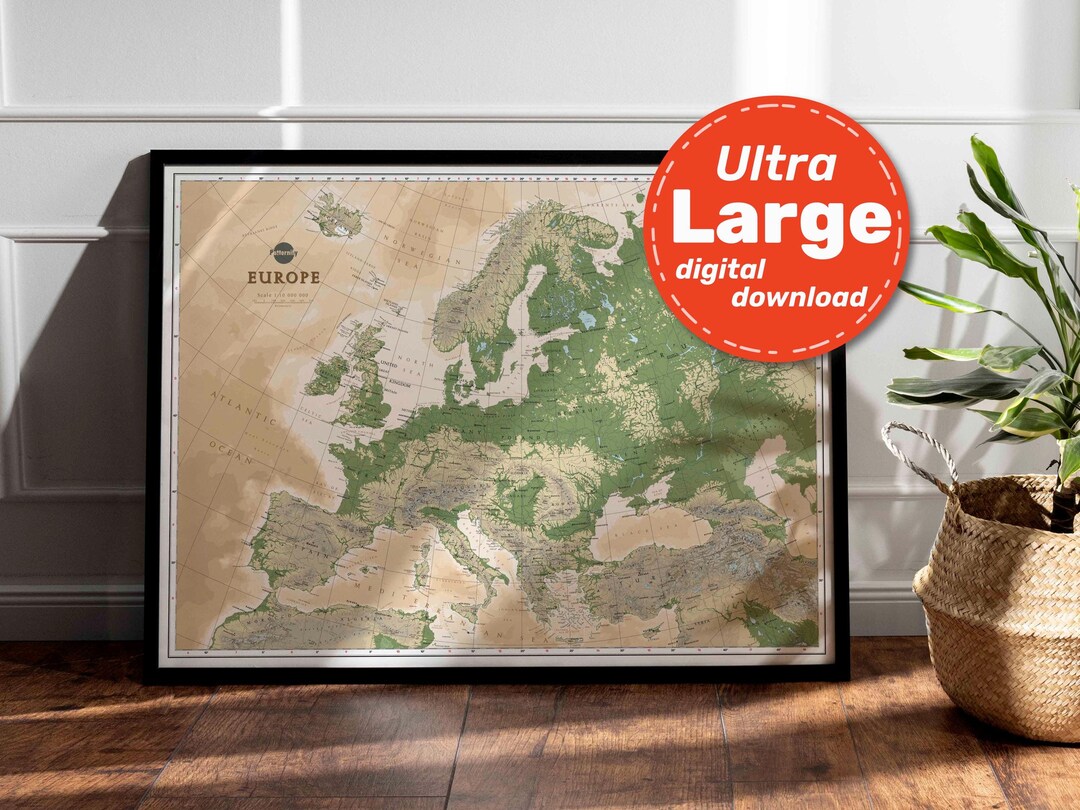 Europe Terrain Map Print. High-resolution PRINTABLE Physical Europe Map ...