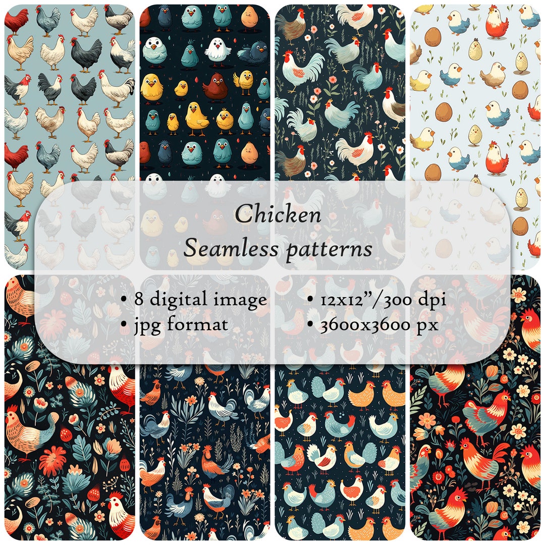 8 PACK Chicken Seamless Pattern. Digital Paper, Commercial Use, Digital ...
